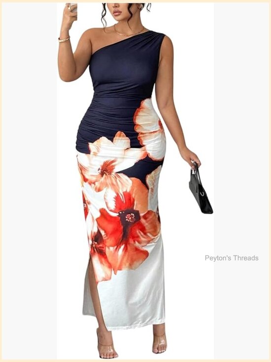 Dresses | One Shoulder Bodycon Maxi Dress Ruched Split Floral | Poshmark